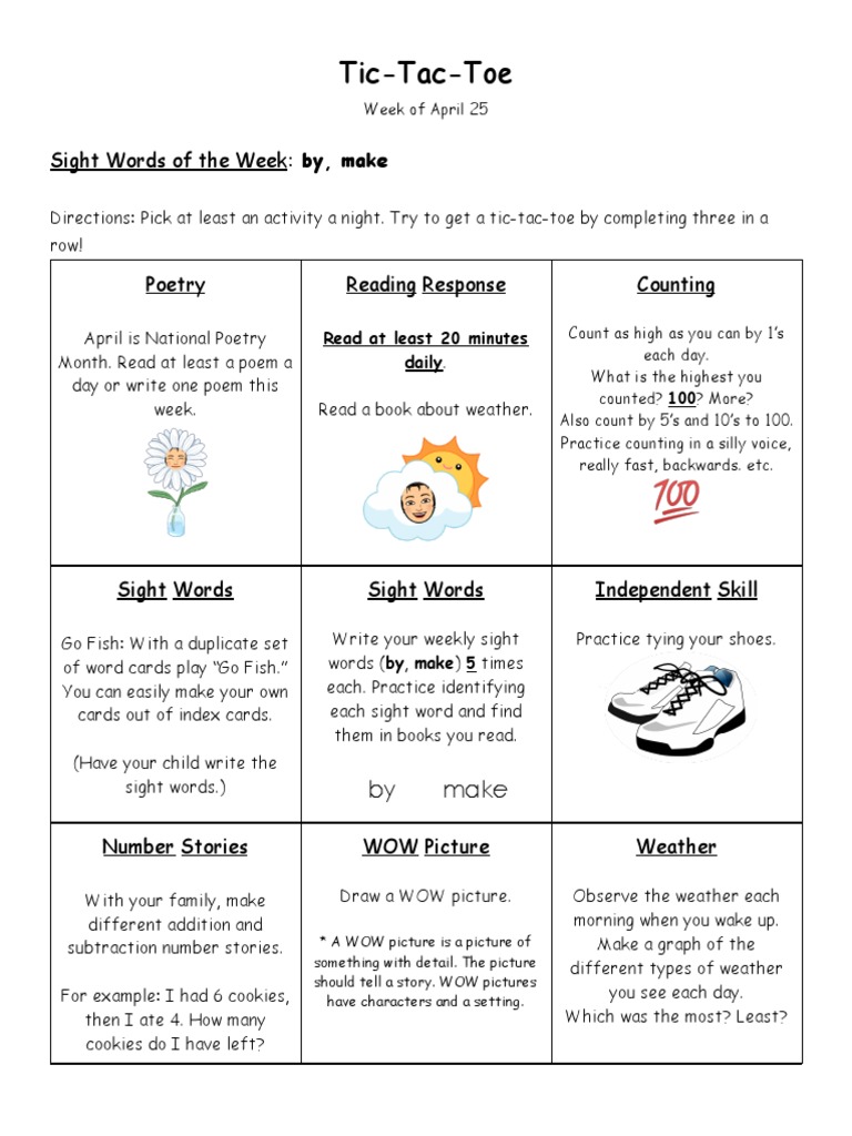 Tic Tac Toe Week of April 25 | PDF | Language Arts & Discipline ...