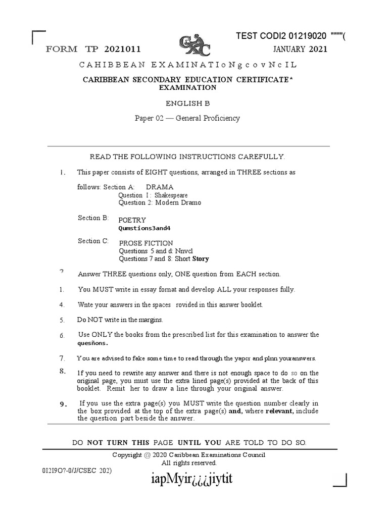 Csec English B January 2021 p2 | PDF | Poetry | The Arts