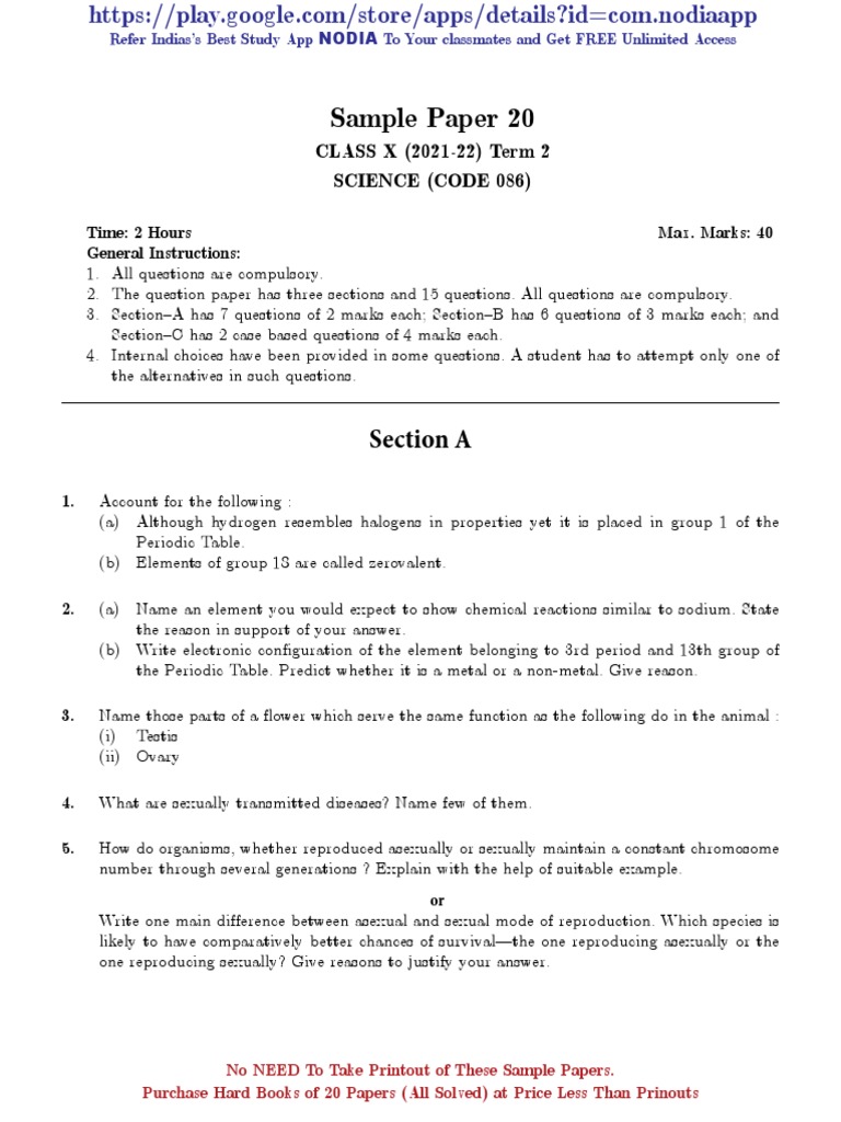 Sample Paper 20: CLASS X (2021-22) Term 2 Science (Code 086) | PDF | Reproduction | Periodic Table