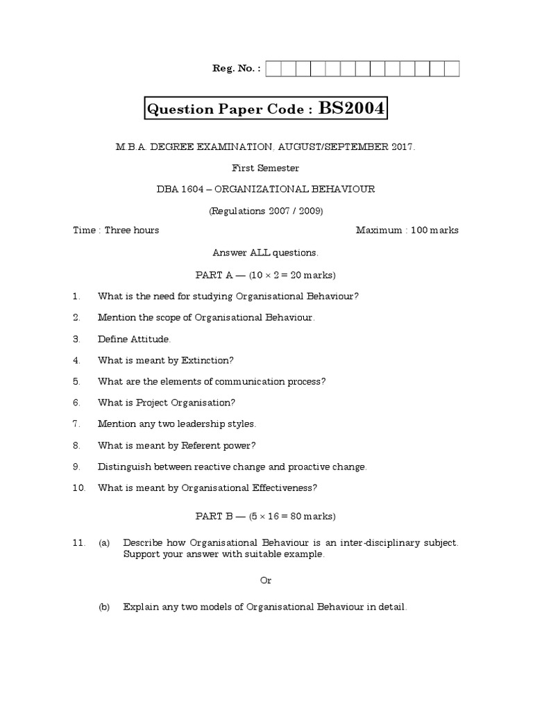 OB1 Question Papers - EUGIN | PDF | Leadership | Organizational Behavior