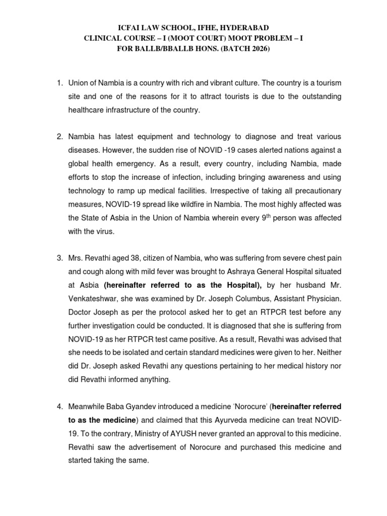 Moot Problem - 1 (Batch of 2026) | PDF | Hospital | Lawsuit