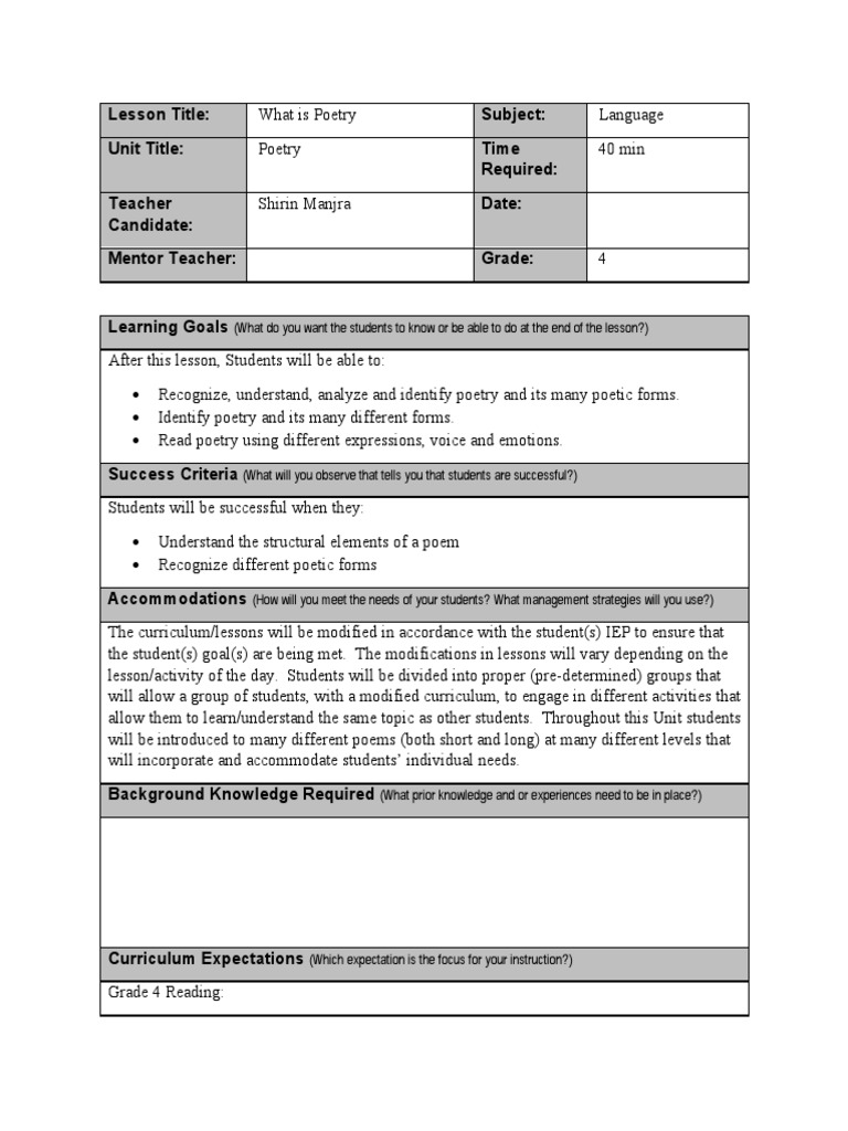 Lesson Plan 1 Poetry | PDF | Poetry | Curriculum