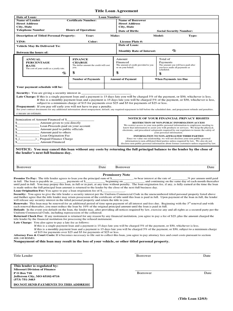 Title Loan Agreement Terms | PDF | Loans | Finance & Money Management