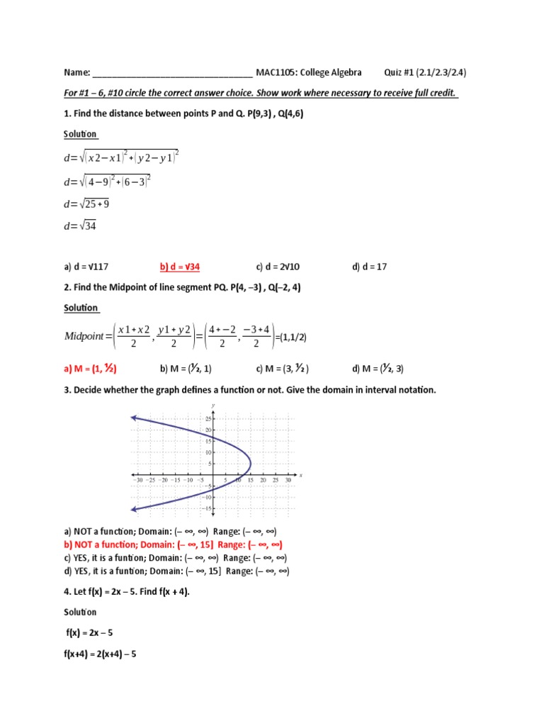 MAC1105 Quiz 1 and Solutions | PDF | Function (Mathematics ...