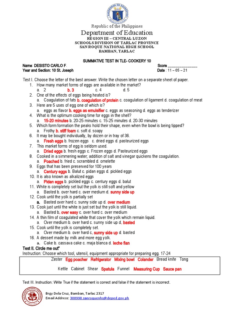 Cooking Eggs Summative Test | PDF | Starch | Pasta