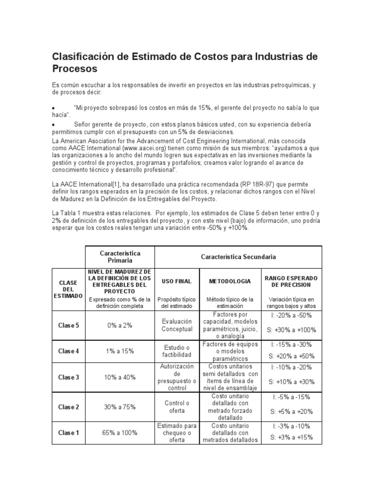 Clasificación de Estimado de Costos para Industrias de Procesos | PDF ...