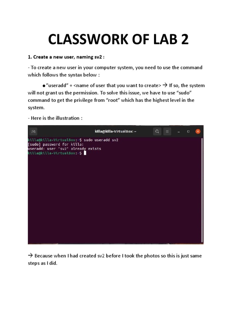 Classwork of Lab 2: 1. Create A New User, Naming sv2 | PDF | Sudo | Software Development