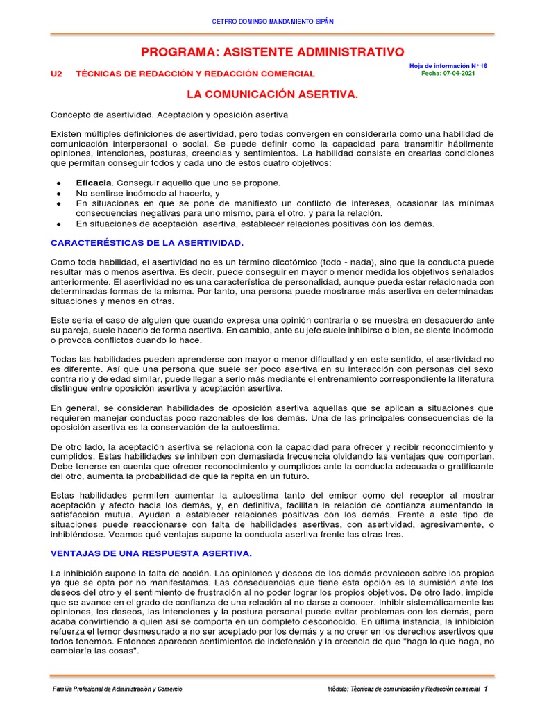 Cruz. HI16-HO16. Asist. Adm. Comunic. Asertiva. 07.04.2021 | PDF | Comportamiento | Autoestima
