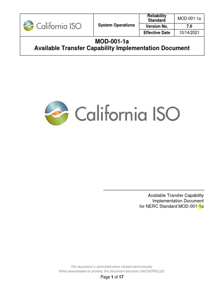 MOD-001-1a Available Transfer Capability Implementation Document | PDF ...