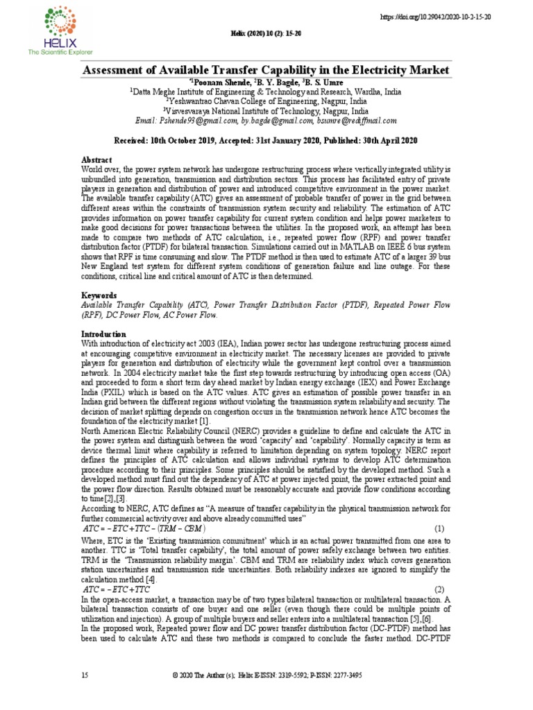Assessment of Available Transfer Capability in The Electricity Market ...