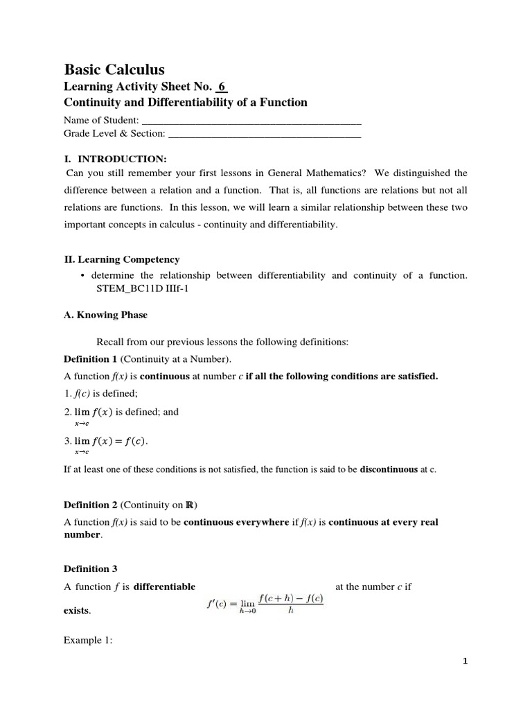 Basic Calculus: Learning Activity Sheet No. 6 Continuity and Differentiability of A Function ...