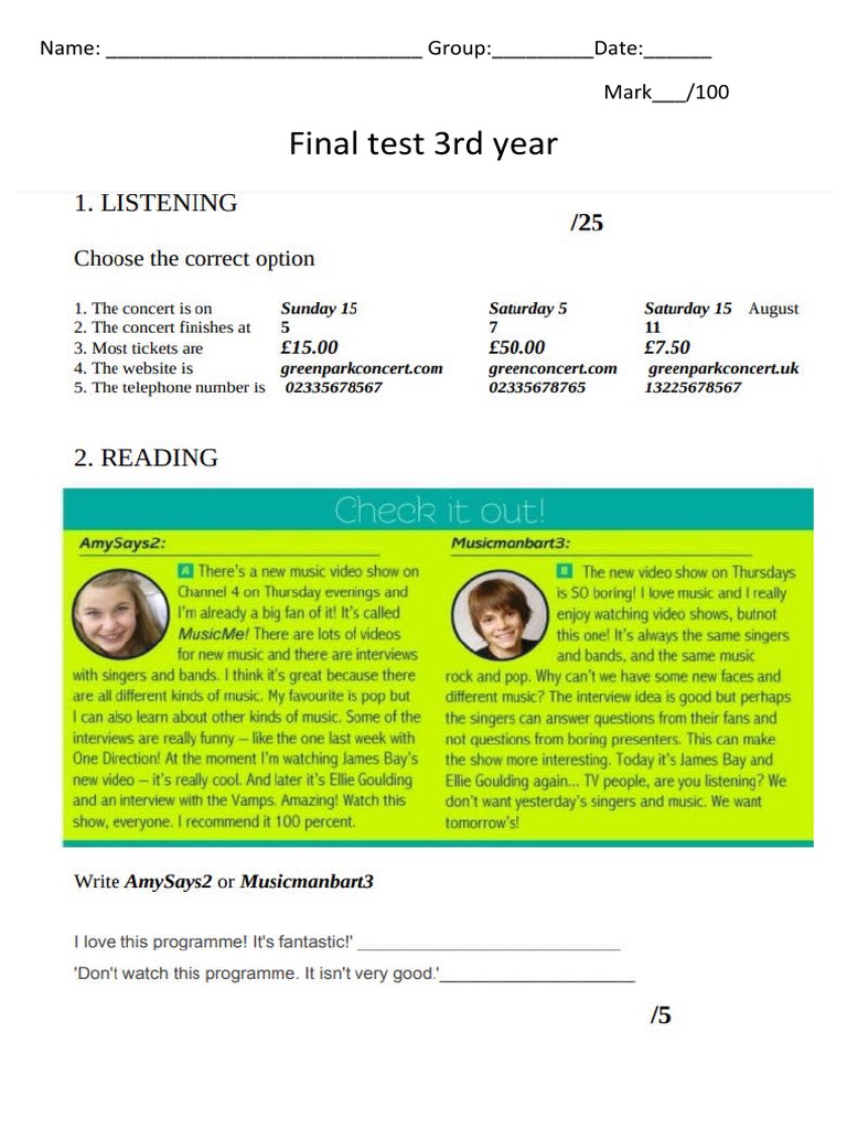 Final Test 3rd Year: Name: - Group: - Date: - Mark - /100 | PDF