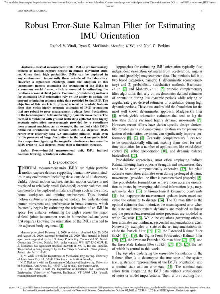 Robust Error-State Kalman Filter For Estimating IMU Orientation | PDF | Kalman Filter | Inertial ...