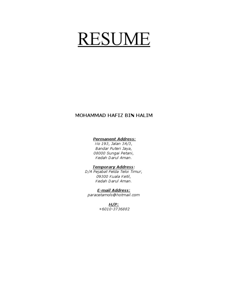 Resume: Mohammad Hafiz Bin Halim | PDF | Malaysia