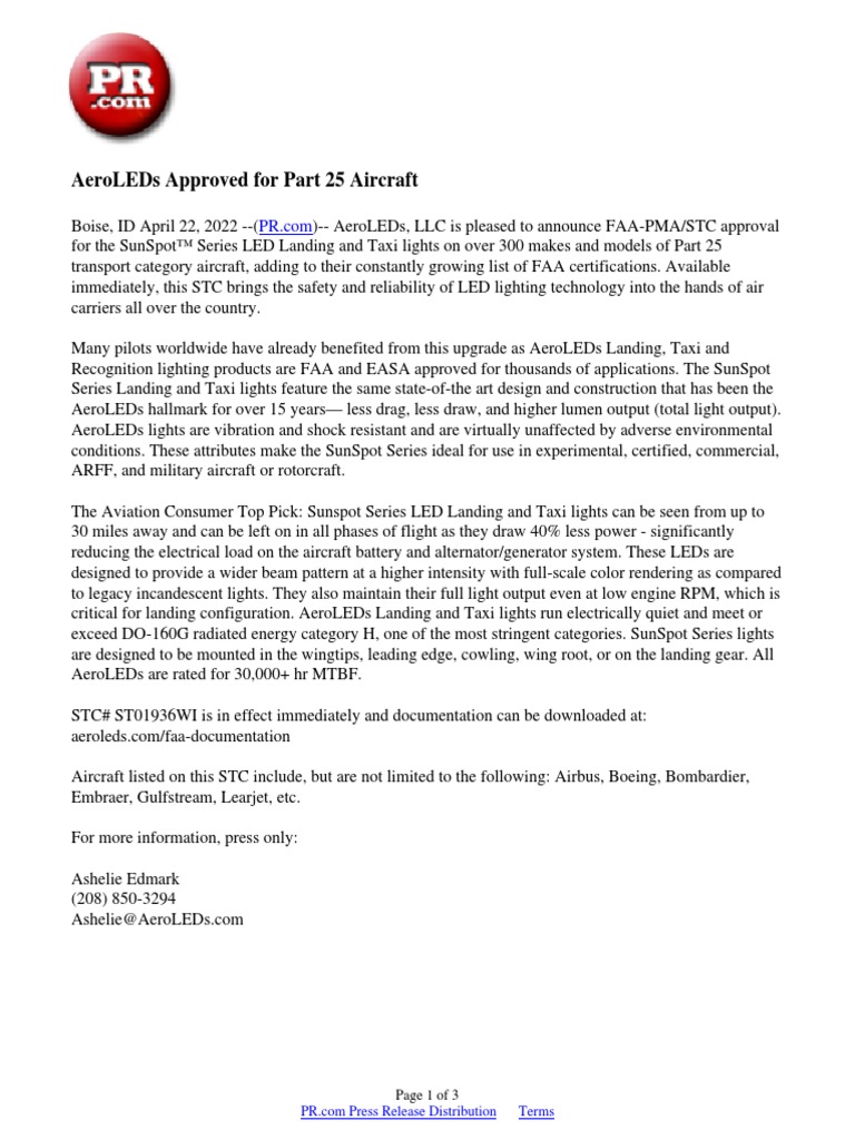 AeroLEDs Approved For Part 25 Aircraft | PDF | Aircraft | Federal ...