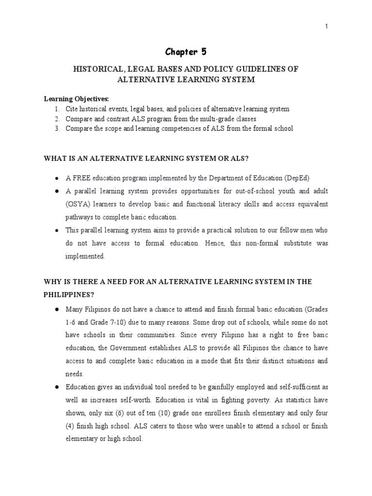 Historical, Legal Bases and Policy Guidelines of Alternative Learning ...
