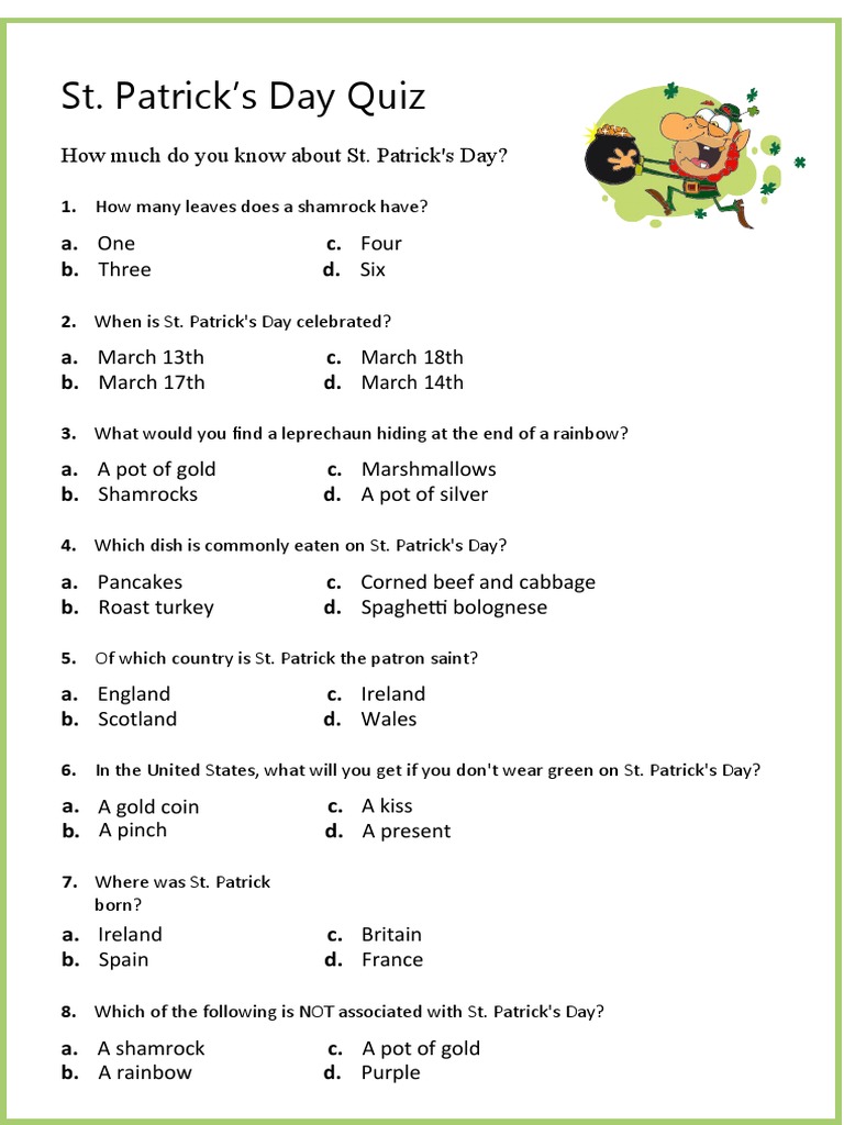 St. Patrick's Day Quiz Questions | PDF | Home & Garden