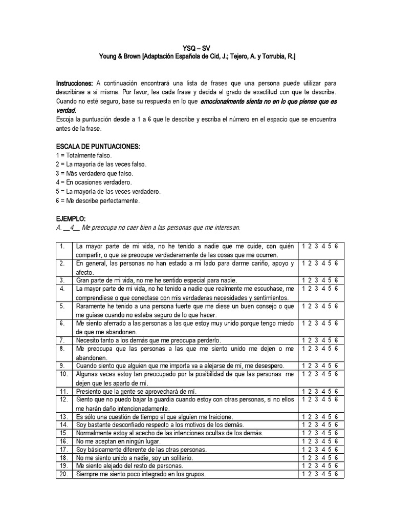 Cuestionario Esquemas J Young | PDF