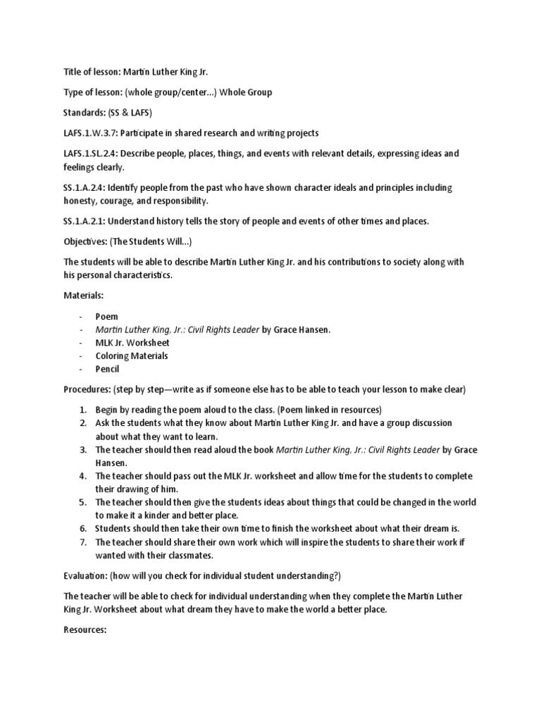 MLK Jr. Lesson for 1st Graders | PDF