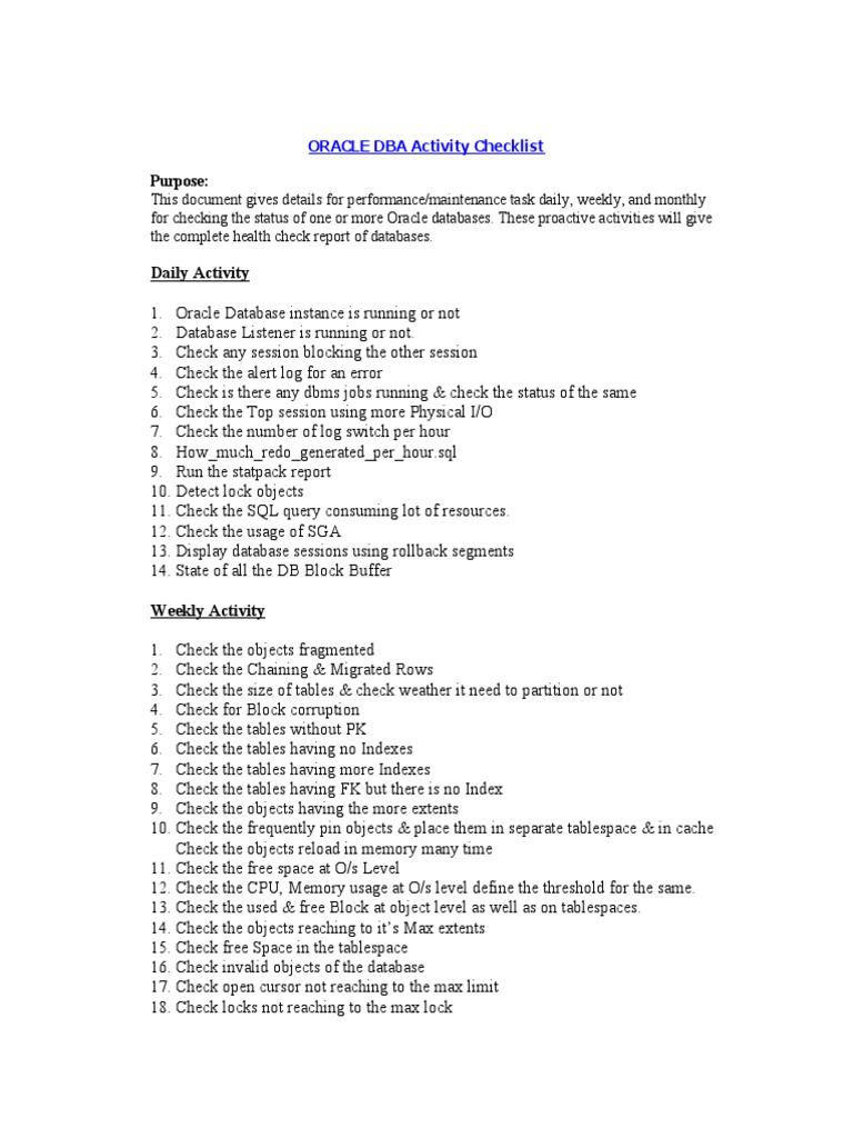 ORACLE DBA Activity Checklist | PDF | Databases | Database Index