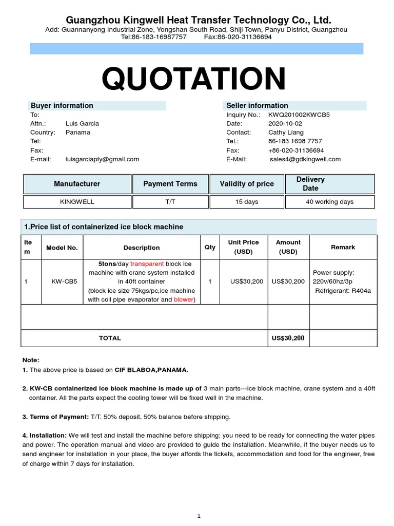 Quotation: Guangzhou Kingwell Heat Transfer Technology Co., LTD | PDF ...