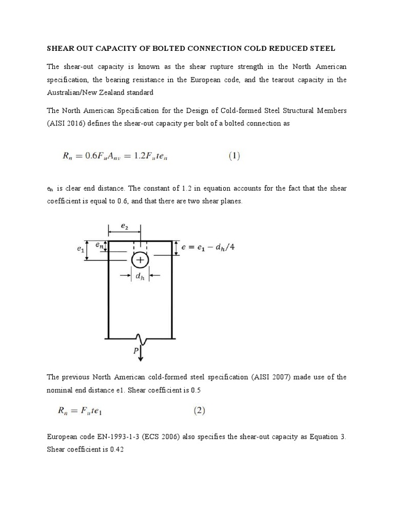 Shear Out Capacity of Bolted Connection Cold Reduced Steel | PDF ...