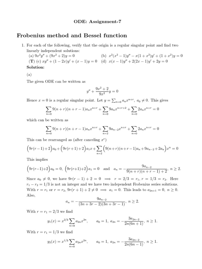 Frobenius Method and Bessel Function: ODE: Assignment-7 | PDF | Ordinary Differential Equation ...