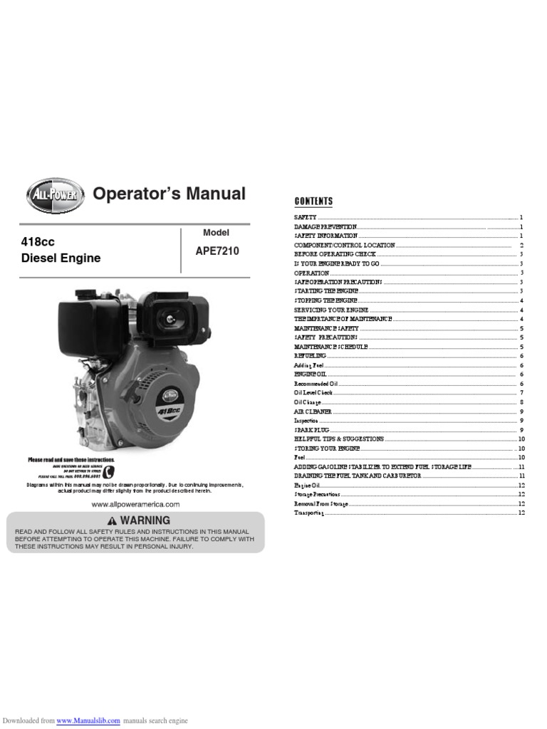 Operator's Manual: 418cc Diesel Engine | PDF | Motor Oil | Diesel Engine