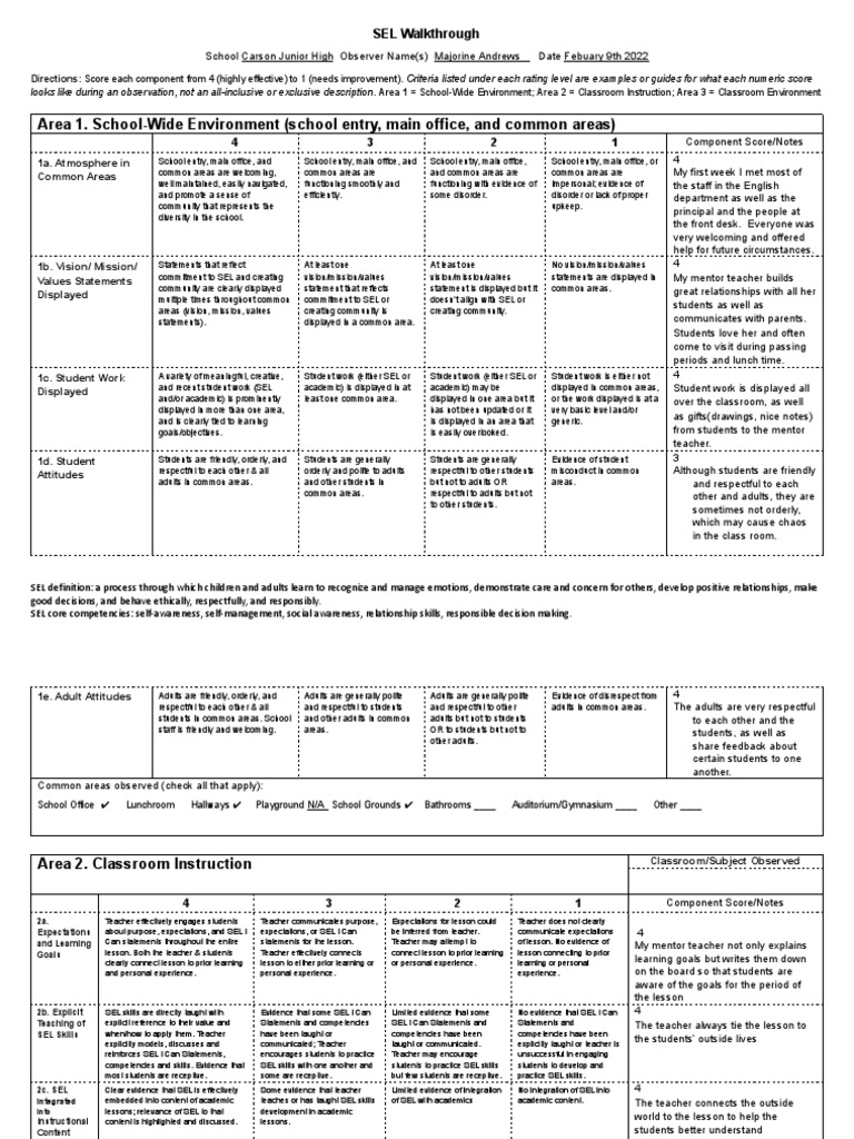 Sel-Walkthrough-Rubric - Majorine | PDF | Teachers | Classroom