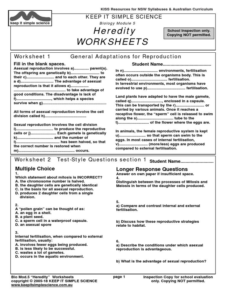 Heredity Worksheets: Keep It Simple Science | PDF | Sexual Reproduction ...