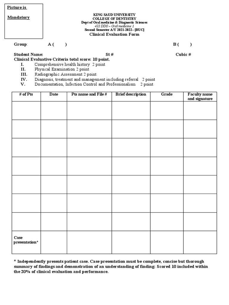 Clinical Evaluation Form 422 DDS | PDF