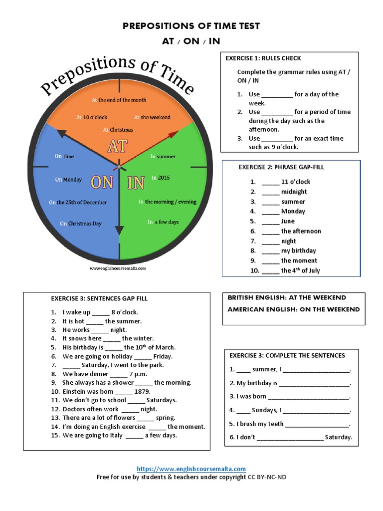 Prepositions of Time Test at / On / In: Exercise 1: Rules Check | PDF ...