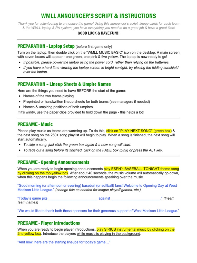 WMLL Announcer'S Script & Instructions: PREPARATION - Laptop Setup ...