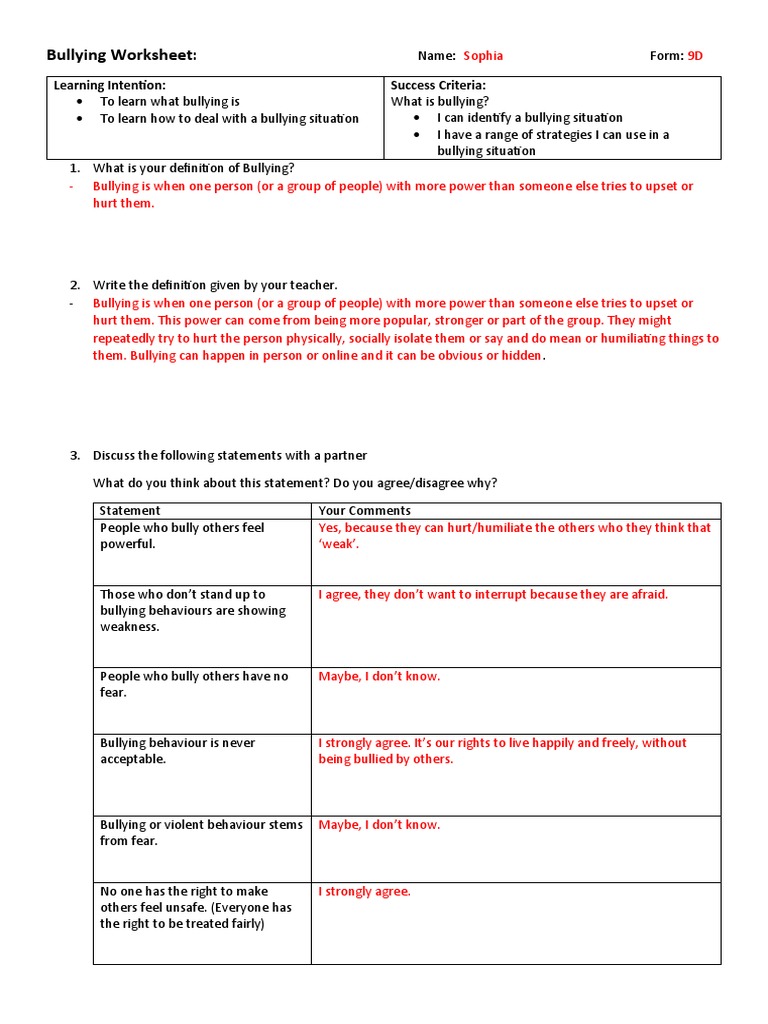 Bullying Worksheet:: Learning Intention: Success Criteria | PDF ...