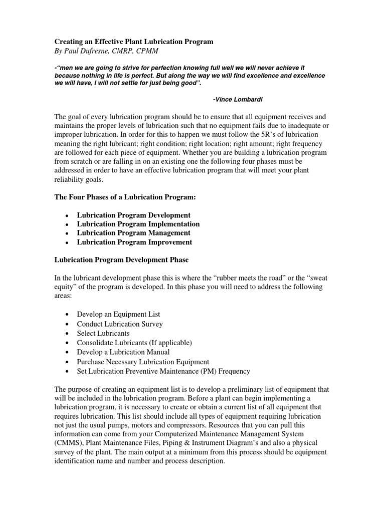 Creating An Effective Plant Lubrication Program | PDF | Performance ...