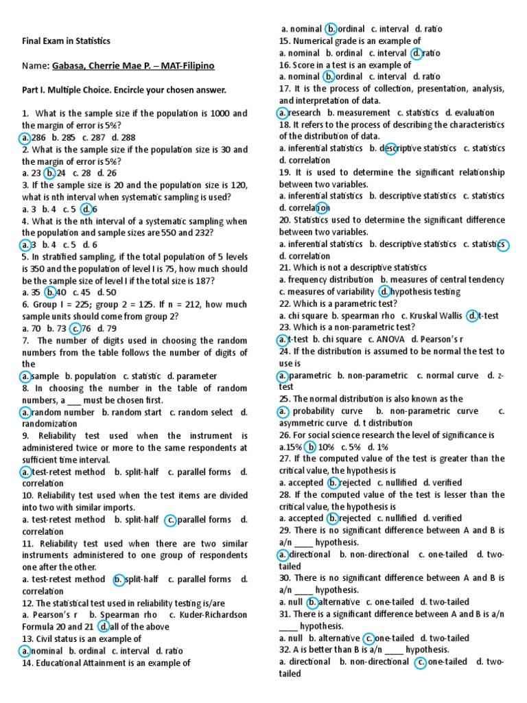 Final Exam in Statistics | PDF | Statistics | Student's T Test