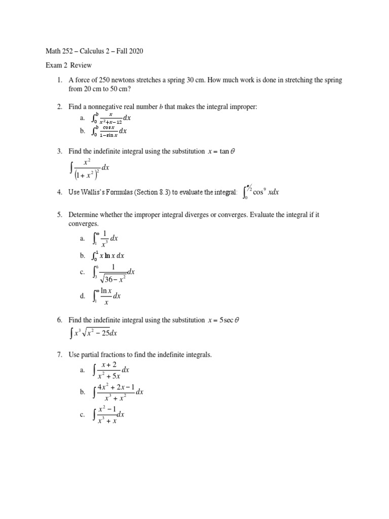 Math 252 - Exam 2 Review - FA20 | PDF | Integral | Trigonometric Functions