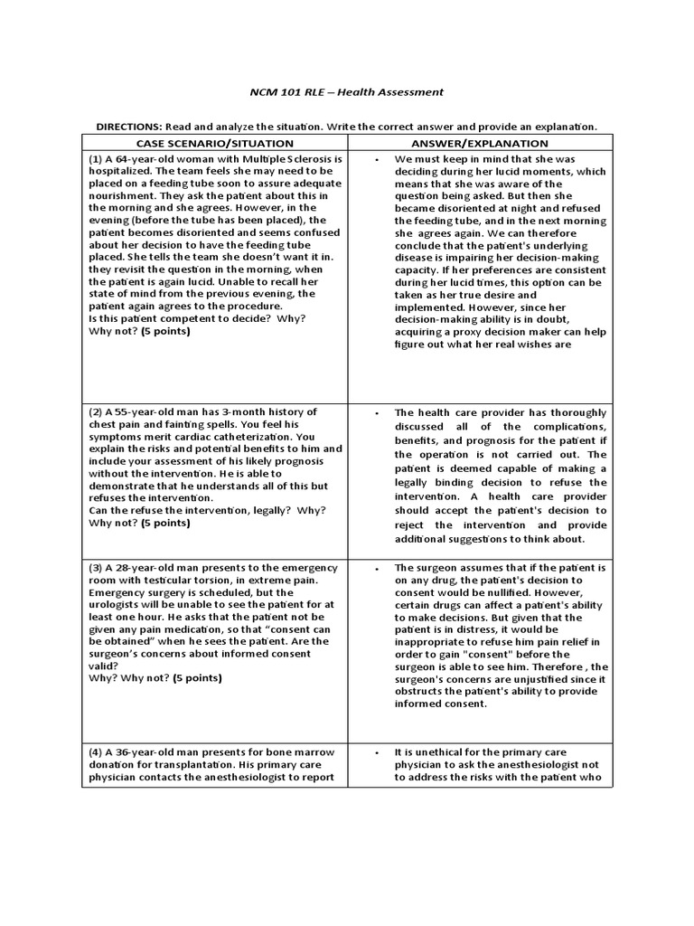 NCM 101 Health Assessment Scenarios | PDF | Informed Consent | Patient