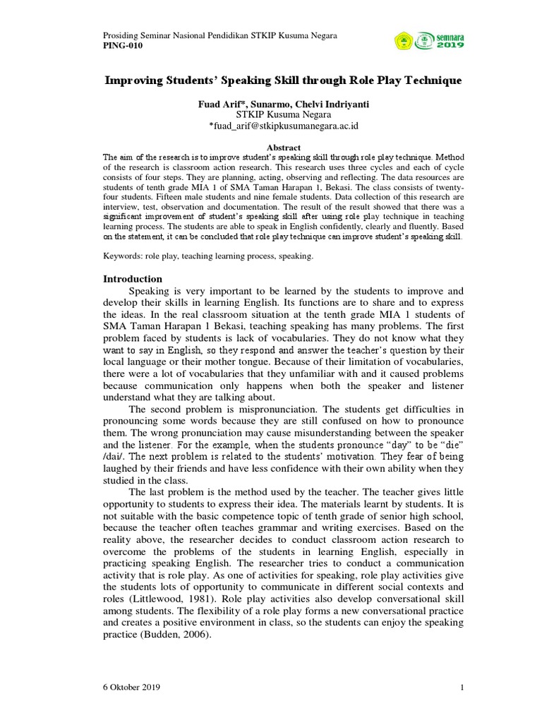 Improving Students' Speaking Skill Through Role Play Technique | PDF | Fluency | Language Education