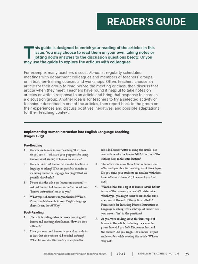 Reader'S Guide: Implementing Humor Instruction Into English Language ...