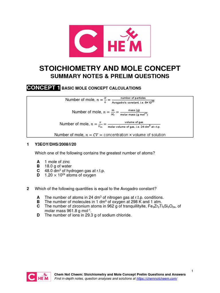 Stoichiometry and Mole Concept Guide | PDF | Stoichiometry | Mole (Unit)