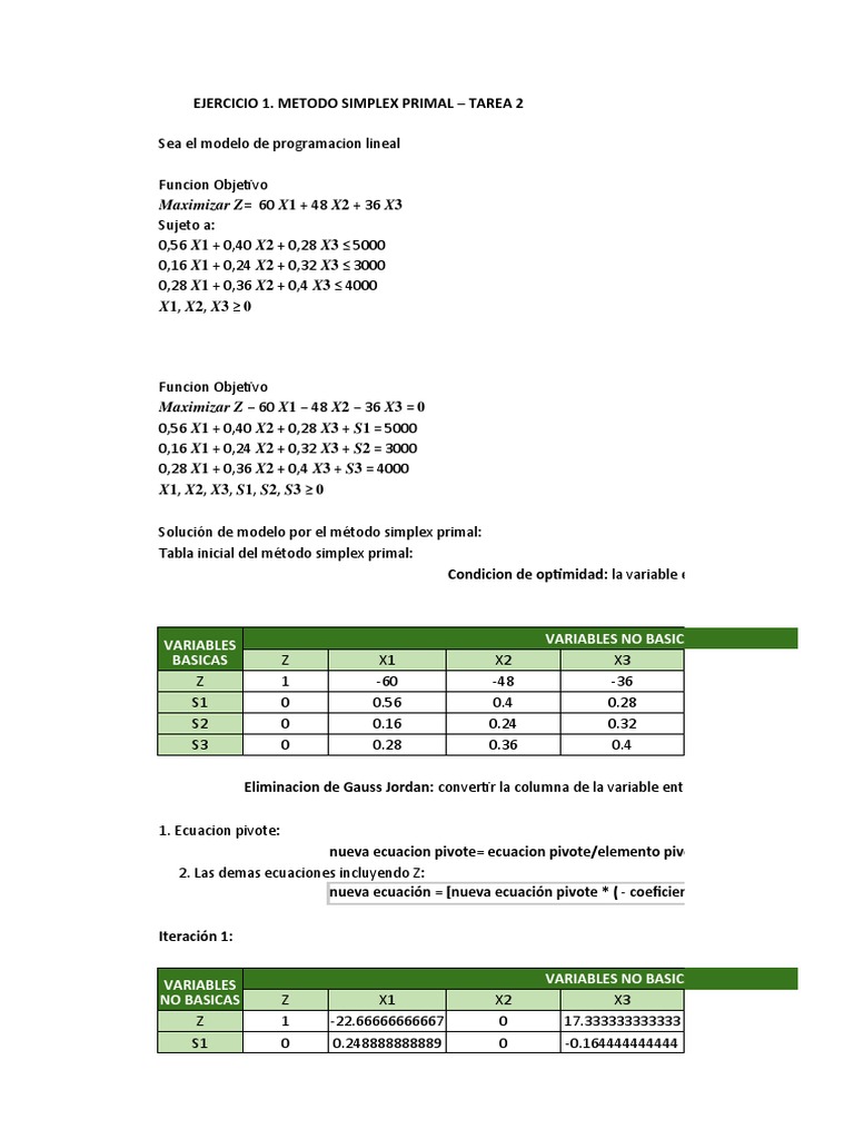 Ejercicio 1. Metodo Simplex Primal - Tarea 2.. Jeffersonmeza | PDF | Lógica matemática ...