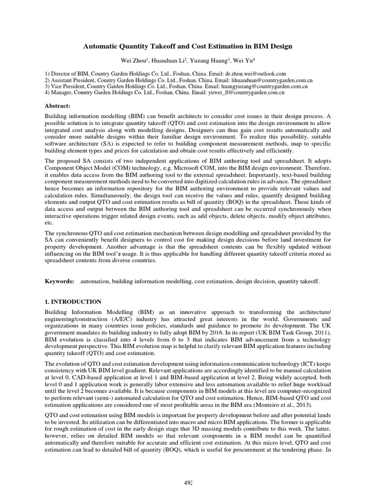 Automatic Quantity Takeoff and Cost Estimation in BIM Design | PDF | Building Information ...