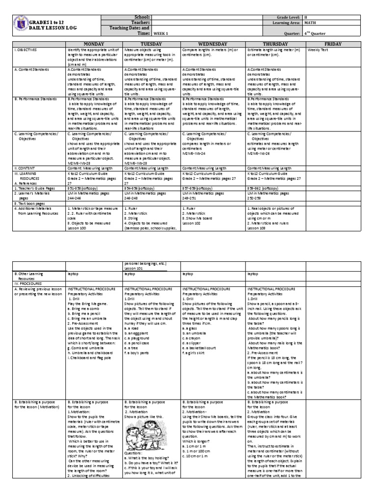Grade 2 Math DLL: Length Measurement | PDF | Length | Metre