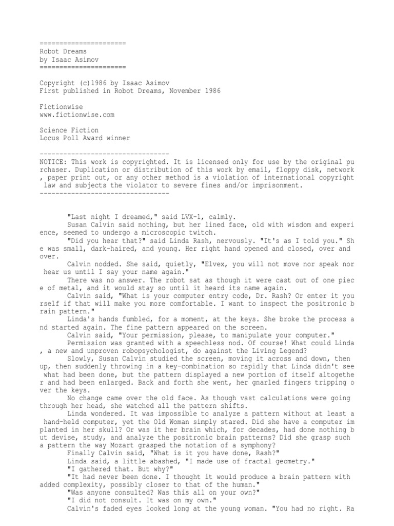 Asimov Robot Dreams | PDF | Robot | Robotics