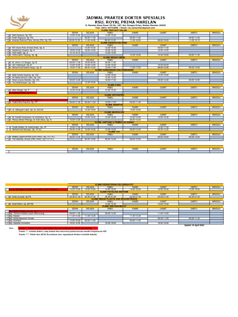 Schedule of Specialist Doctors at RSU. Royal Prima Marelan Hospital in ...