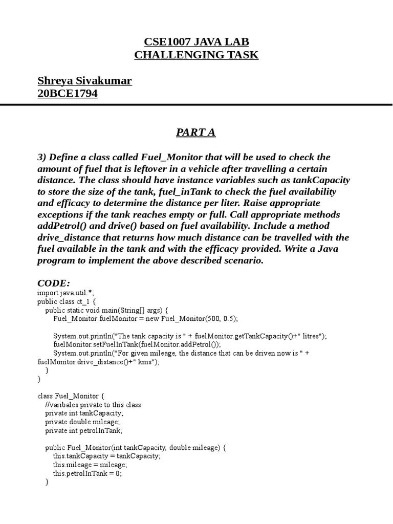 Cse1007 Java Lab Challenging Task Shreya Sivakumar 20BCE1794 | PDF | Fuel Economy In Automobiles ...