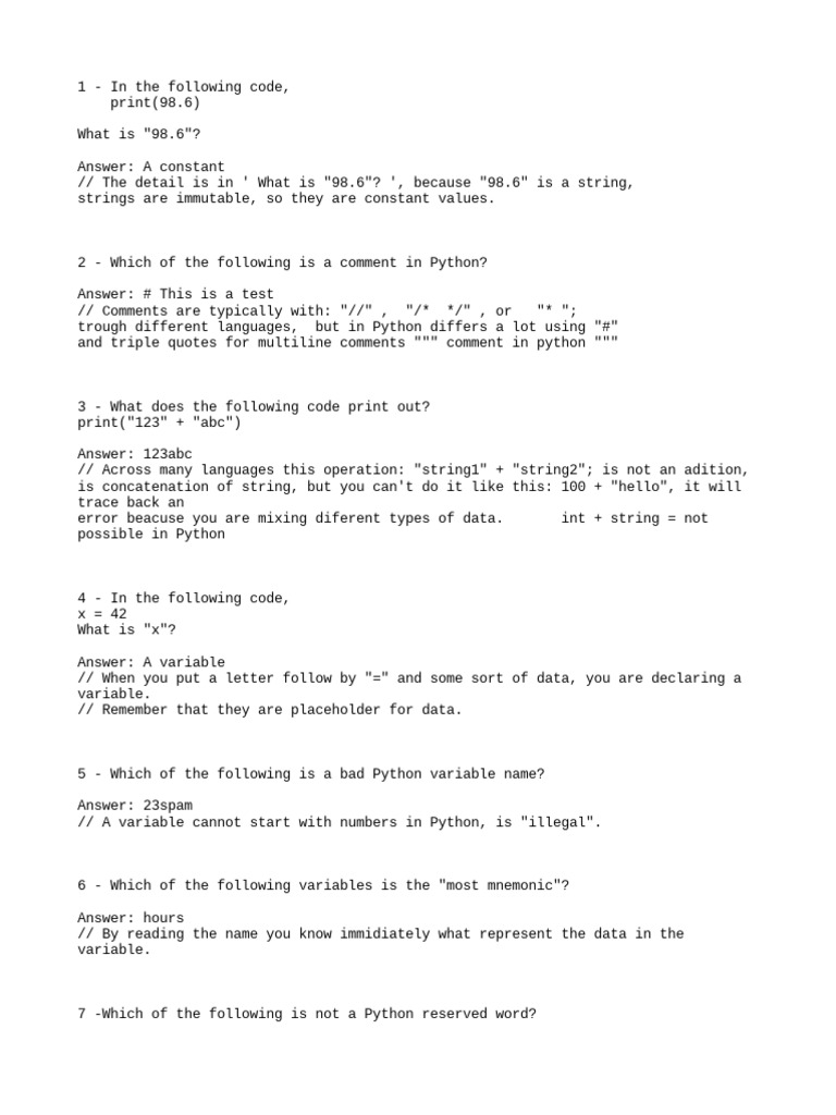 Quizvariables Expressions And Statements Pdf Python Programming Language String