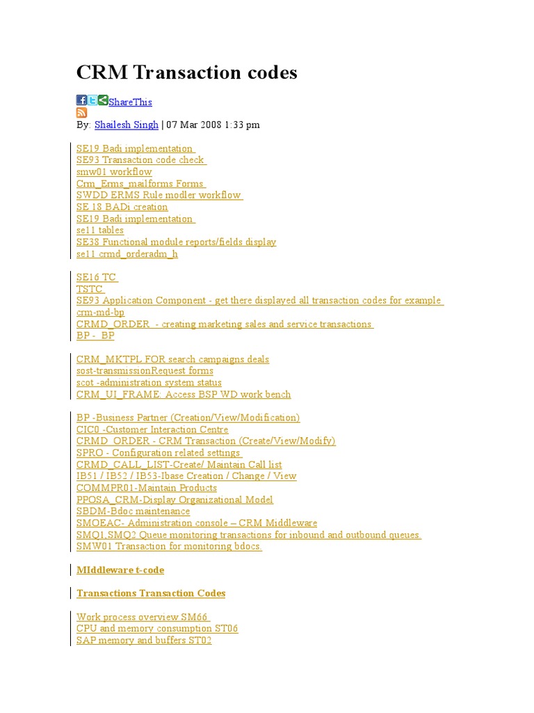 SAP CRM Transaction Codes Overview | PDF | Digital Technology ...