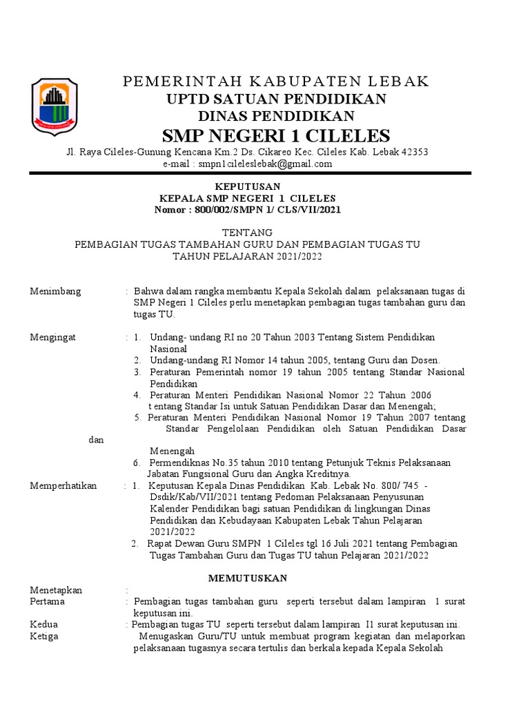 SK Tugas Tambahan Guru Smp1 | PDF